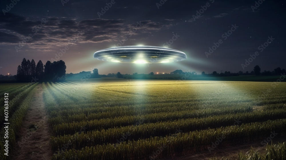 UFO saucer hovering over corn field at starry night with wide beam of light underneath ...