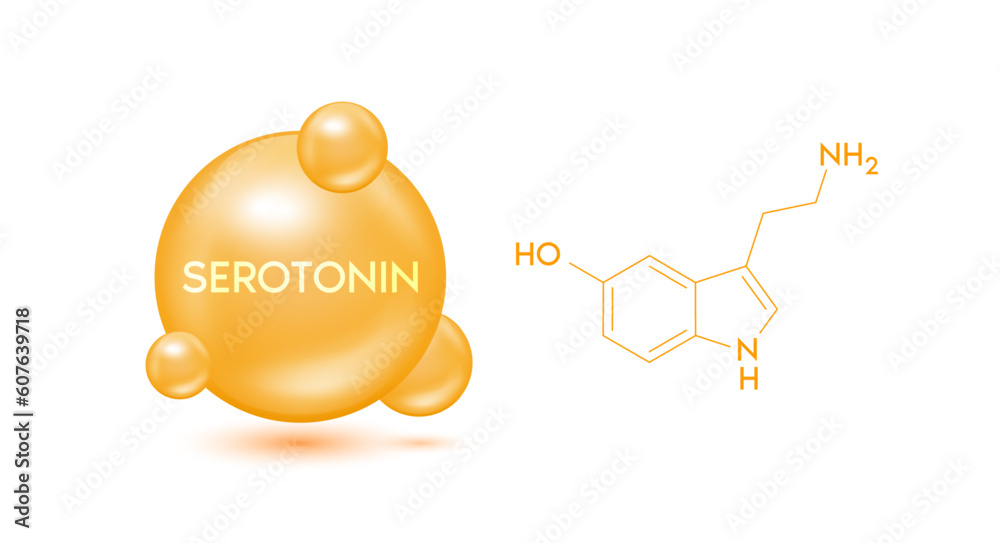 Serotonin model orange and structural chemical formula. Symbol 3D icon ...