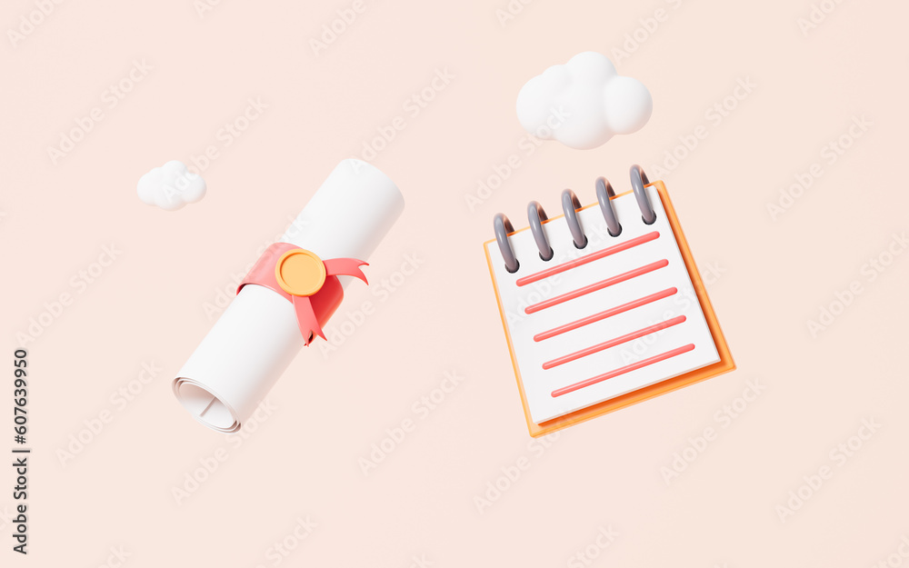 Cartoon scroll and notepad on the pink background, 3d rendering. Stock ...