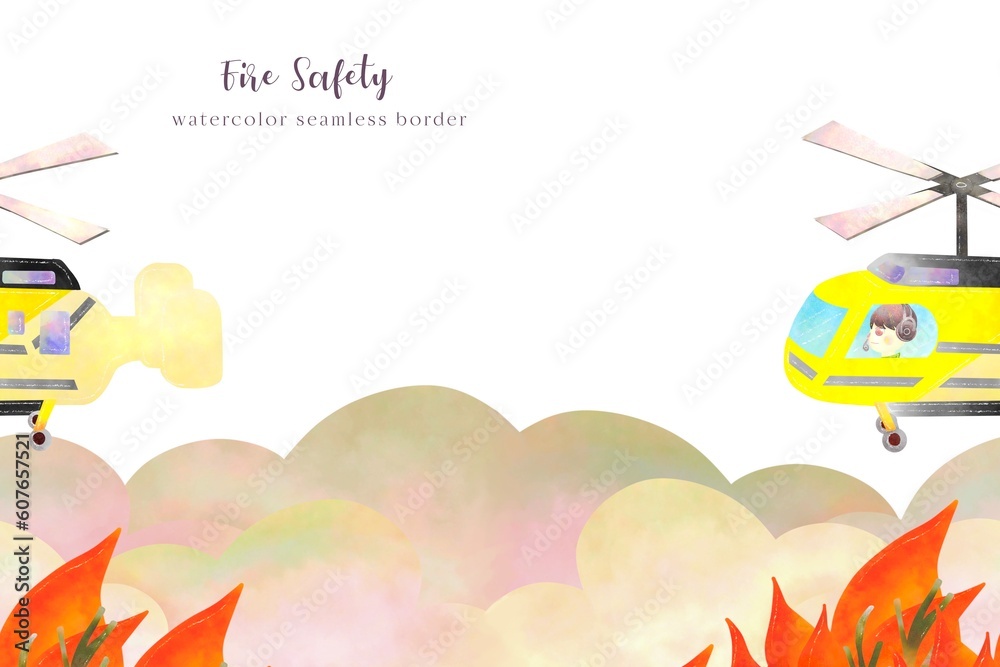Watercolor seamless border with cartoon helicopter extinguishing forest ...