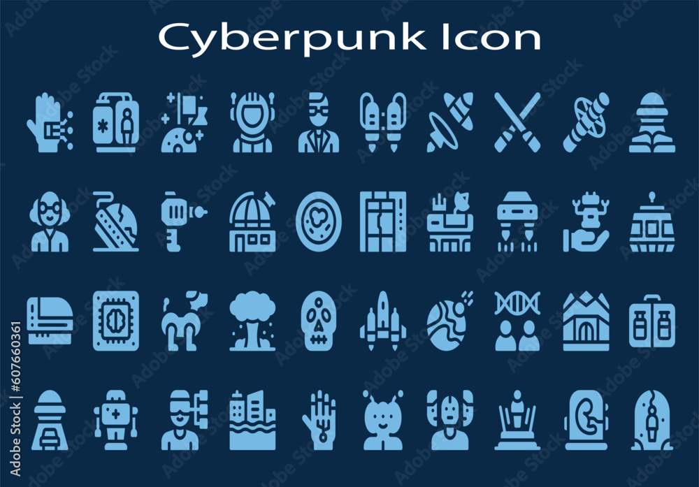 Cyberpunk icons set. Exoskeleton and high tech technology.Unique thin ...