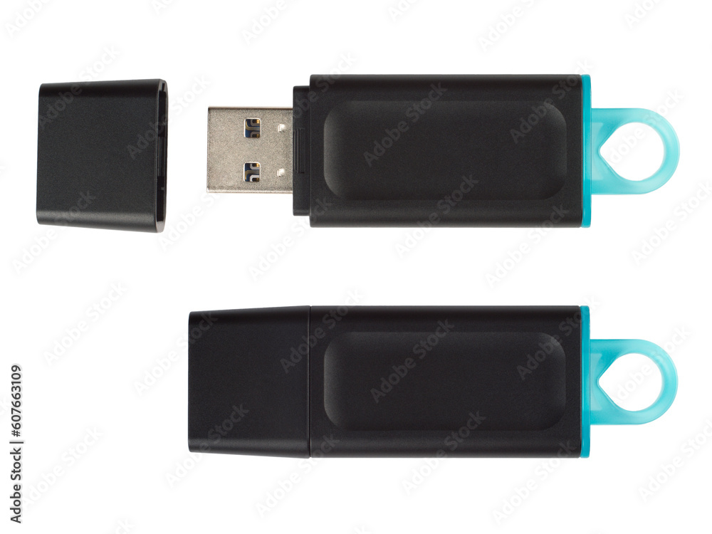 USB flash drive on a white background. Black plastic flash drive. A set ...