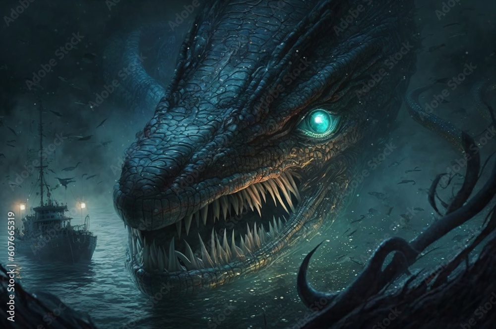 huge scary sea monster with threatens a fishing boat created with ...
