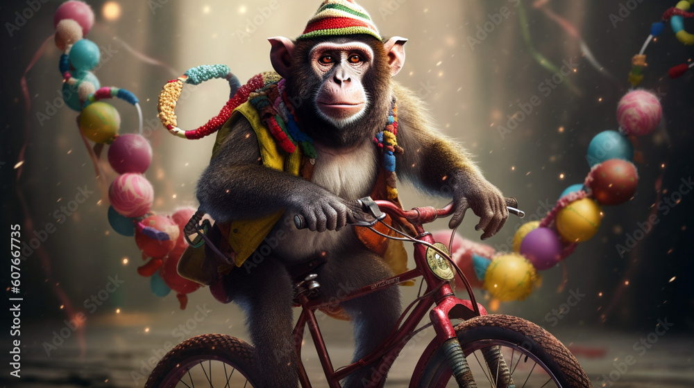 A monkey riding a bicycle in a circus show dressed. Generative AI Stock ...