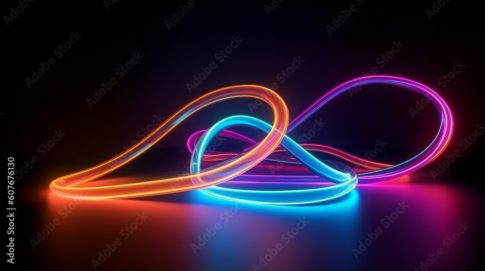 3d rendering, colorful neon curvy line with loops glowing in the dark ...