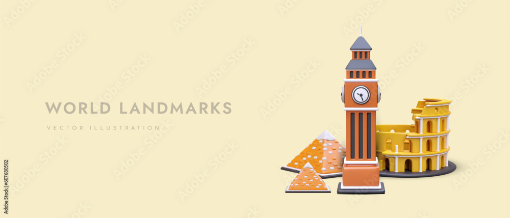 Cartoon realistic world sights. Web poster with different famous ...