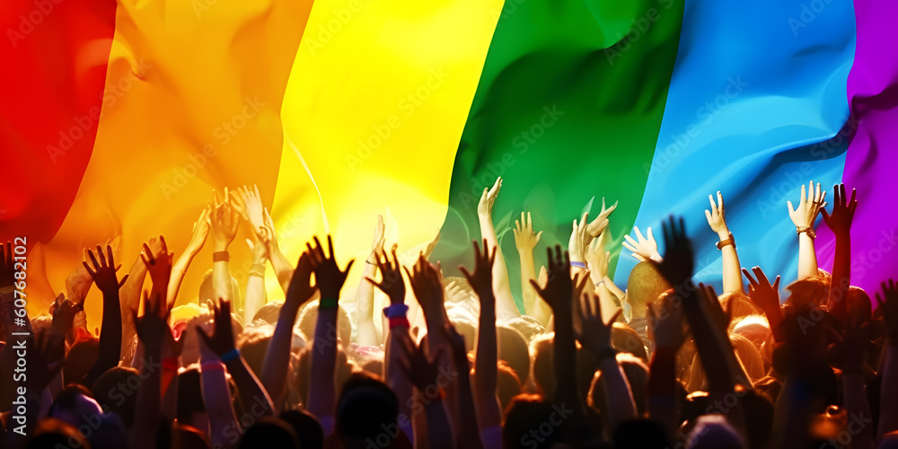 Pride parade people raising hands and rainbow flag. LGBTQ pride. AI ...