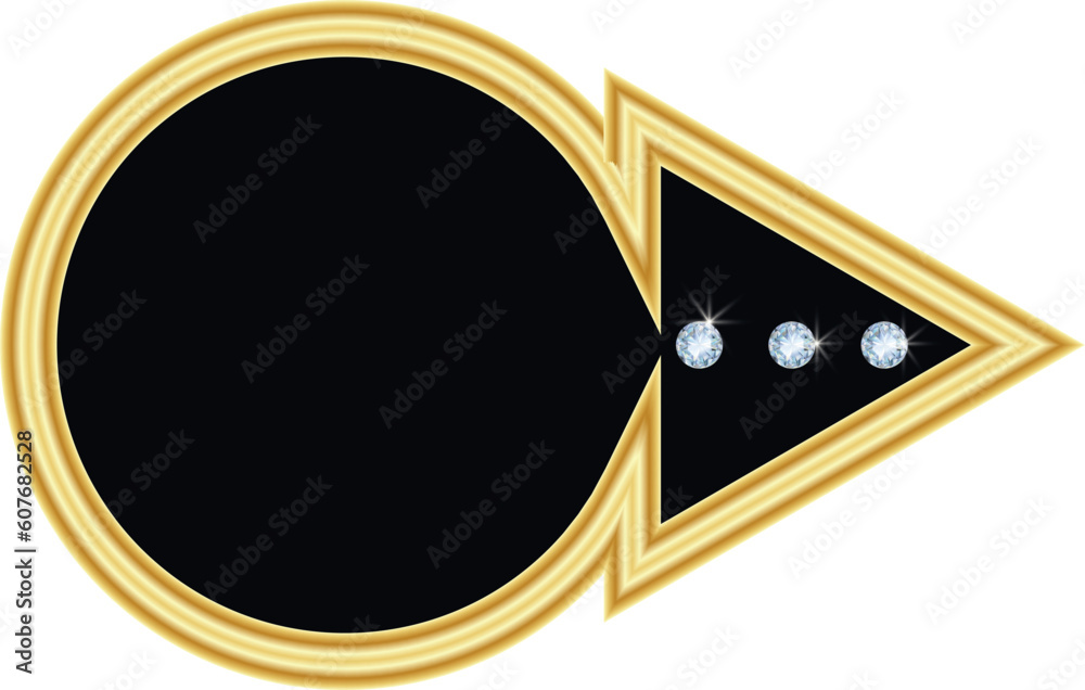 round black arrow in gold border with diamonds on transparent ...