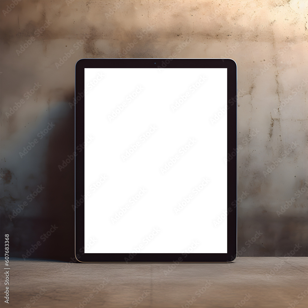 Tablet computer with transparent screen cutout on concrete background ...