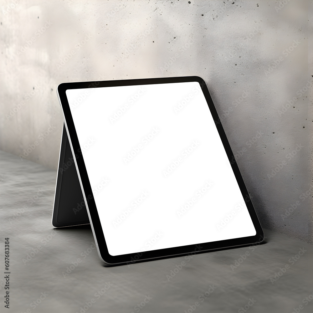 Tablet computer with transparent screen cutout on concrete background ...