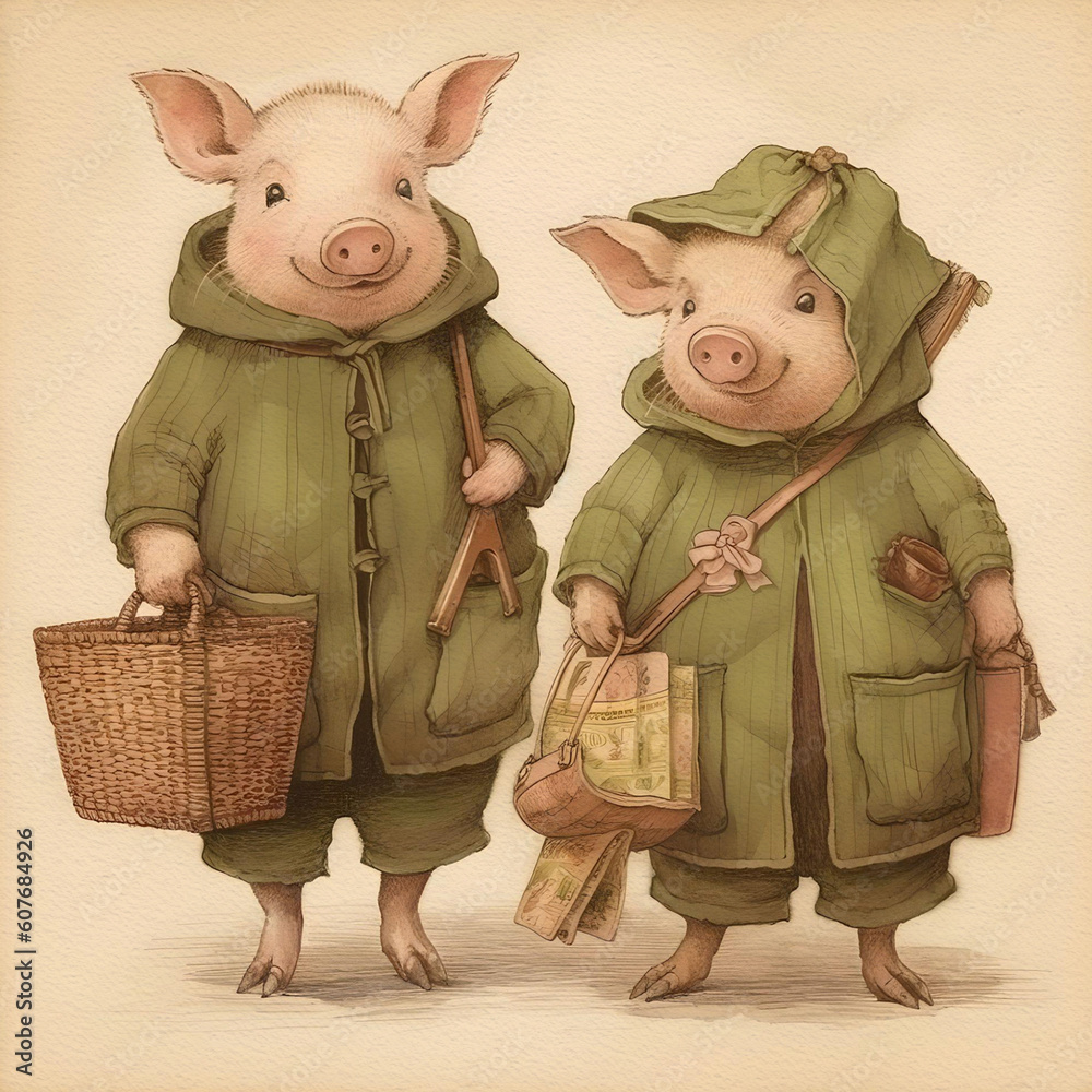 Watercolor drawing vintage pig family in vintage clothing, farm animals ...