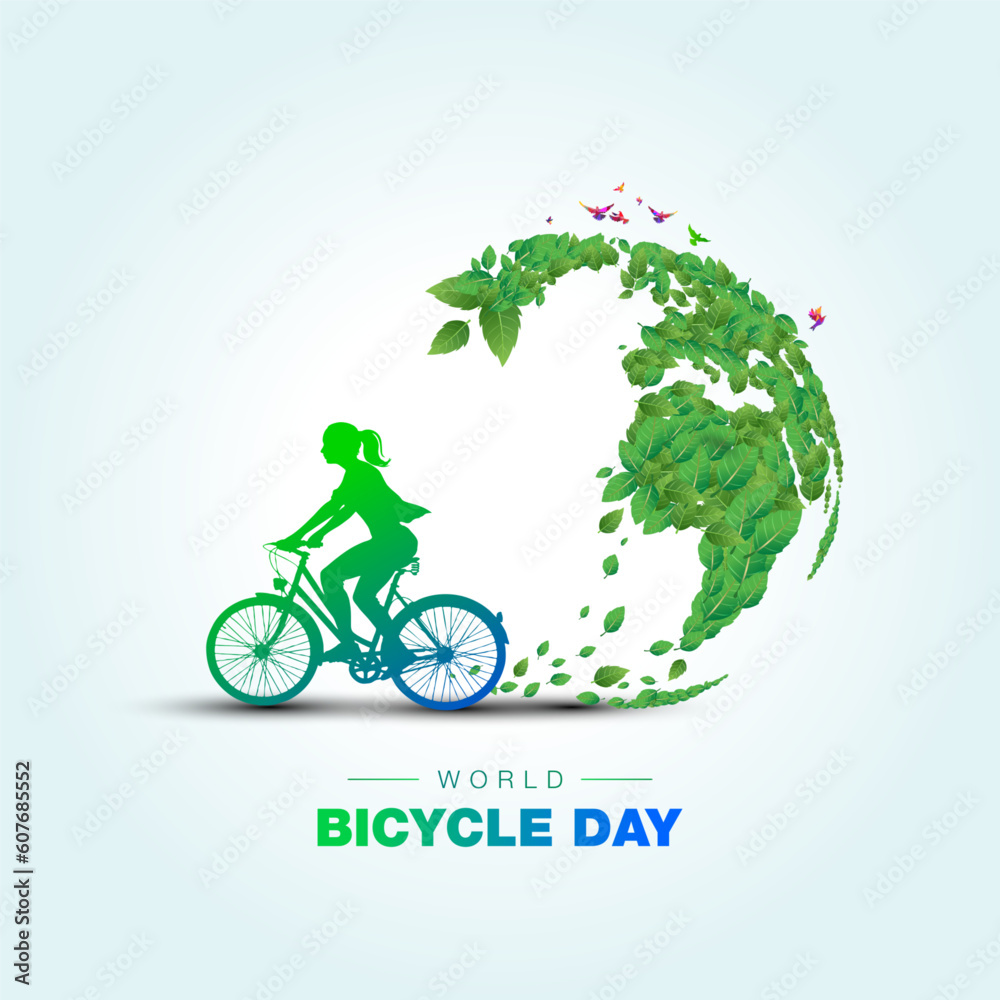 Girl riding cycle on World Bicycle Day. Go green and save environment ...