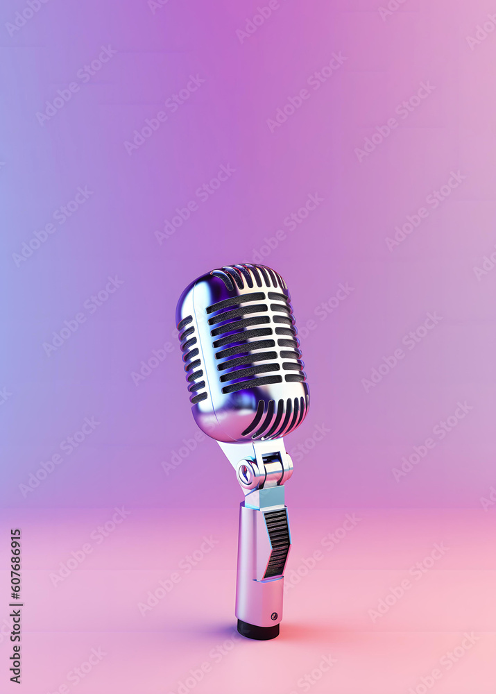 3d realistic microphone with pink gradient background. concept of ...