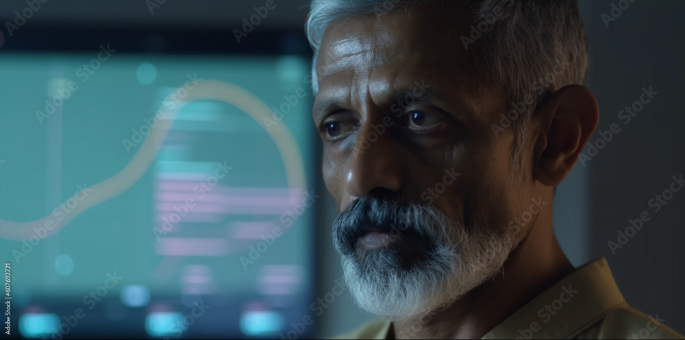 Generative ai portrait of adult indian scientist man in futuristic neon ...