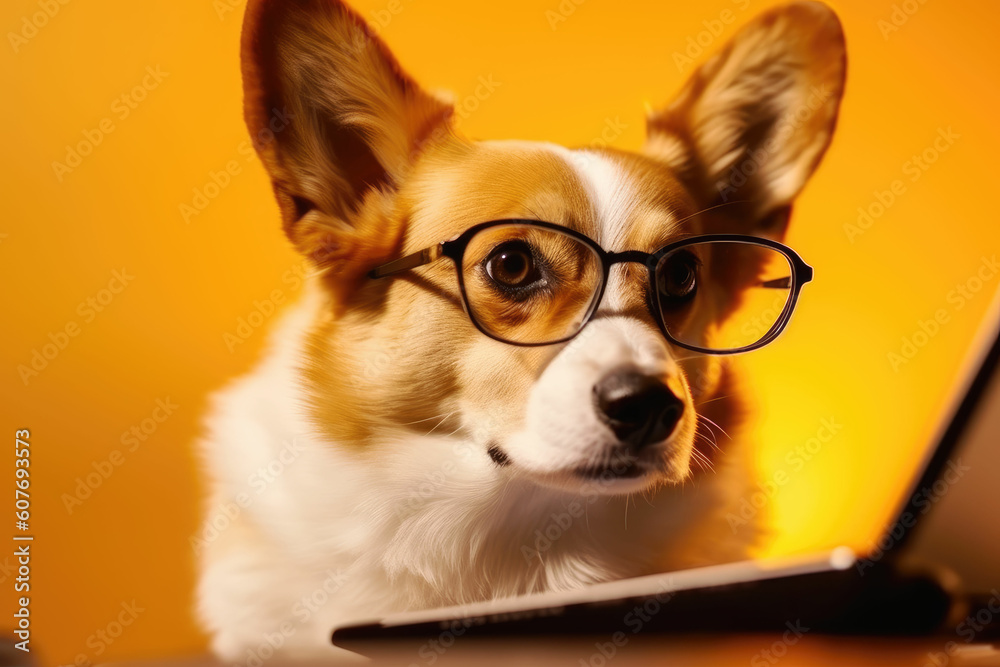 Cute Corgi dog looking at laptop with glasses on yellowe background ...
