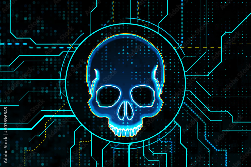 Glowing blue skull symbol, dark screen texture background, hacking ...
