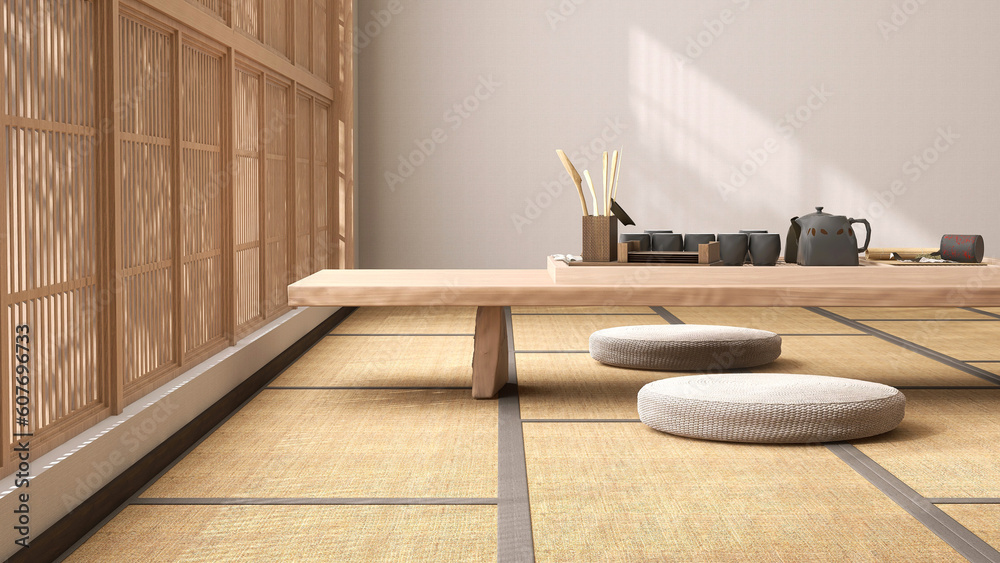 Wood chabudai traditional Japanese short legged table, round pouf seat ...