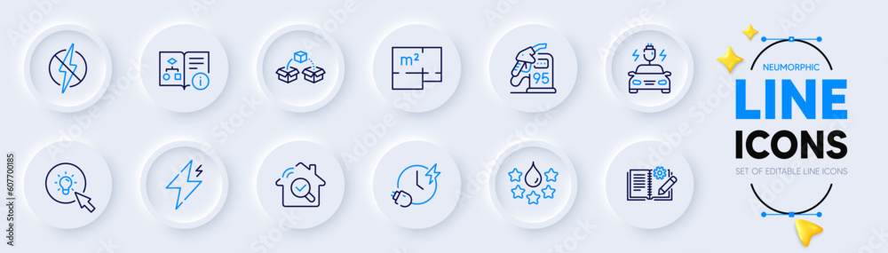 Charging time, Inspect and Floor plan line icons for web app. Pack of Parcel shipping, Petrol ...