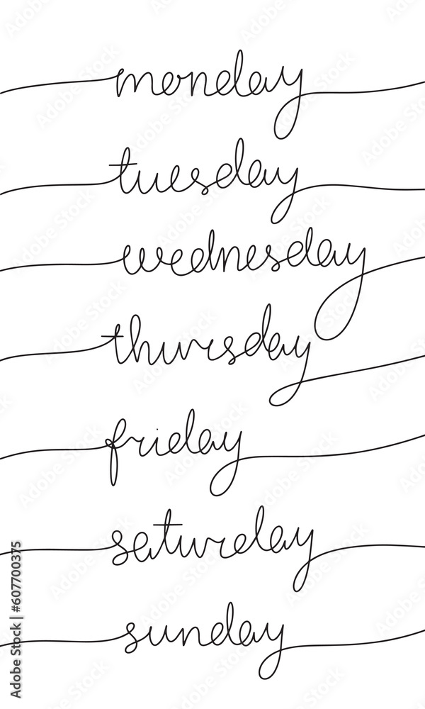 Collection of names of days. Day of week handwriting calligraphy line ...