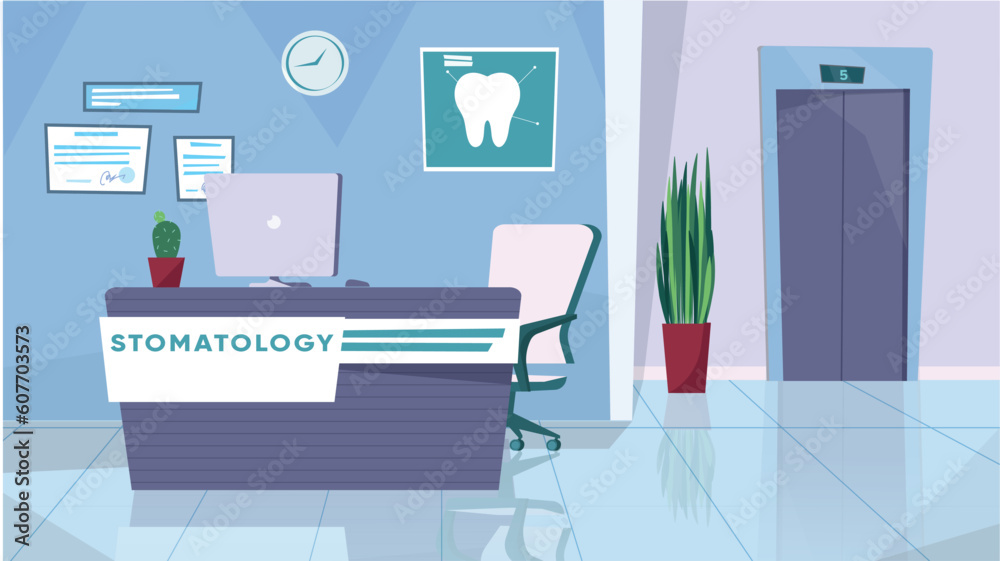 Concept Reception. A flat, cartoon-style design of a reception area ...