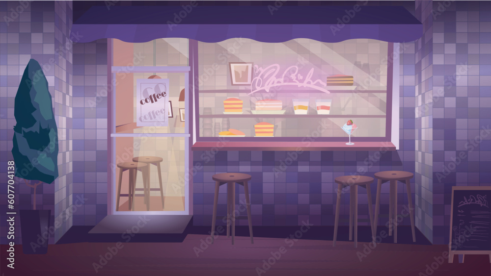 Concept Coffee shop. A flat, cartoon design background featuring a cozy ...