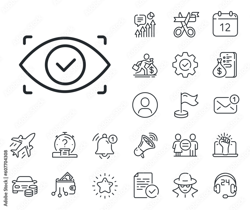 Eye access sign. Salaryman, gender equality and alert bell outline ...
