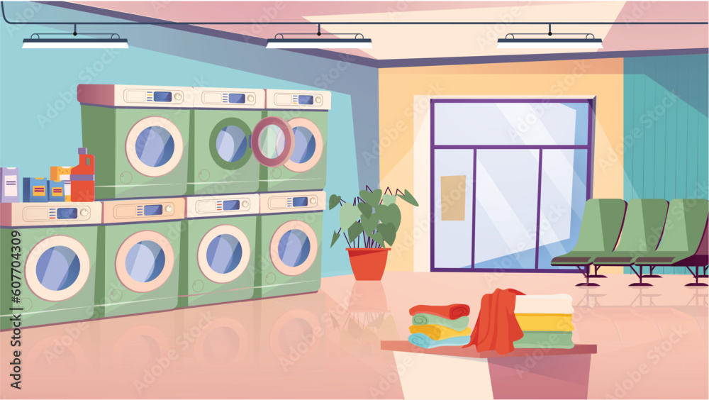 Concept Laundry. A flat, cartoon-designed background featuring a ...