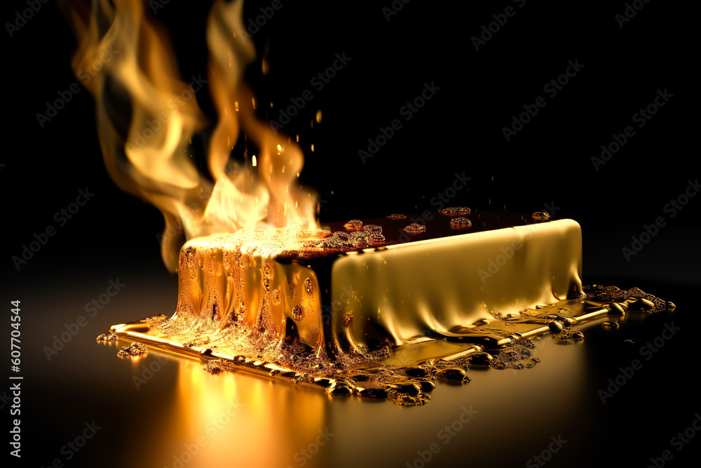 Gold bar melting and fire flames with investment value concepts.money ...
