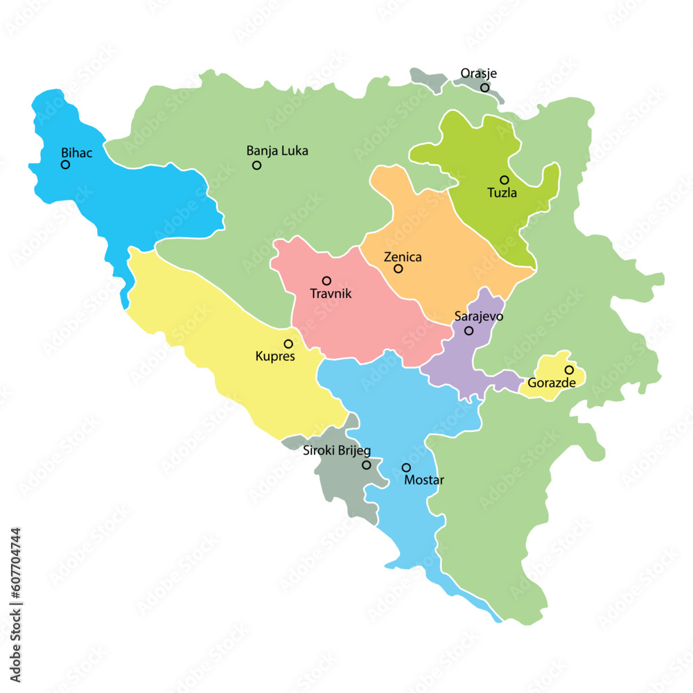 Bosnia and Herzegovina map background with regions, region names and ...