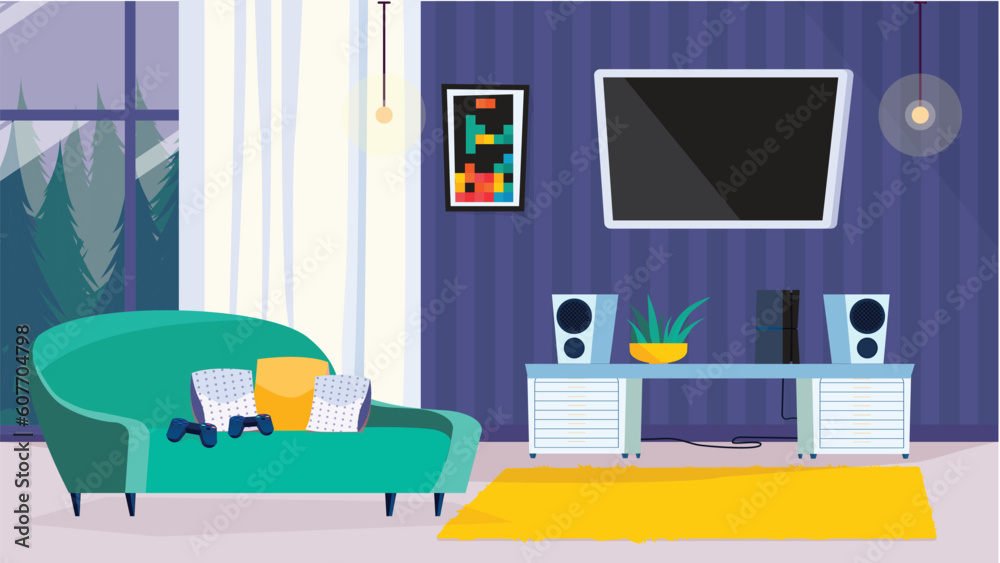 Concept Gamer room. This illustration features a flat, cartoon-style ...
