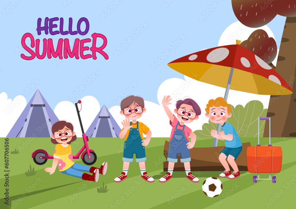 Cute children play outside. template for advertising brochures, ready ...