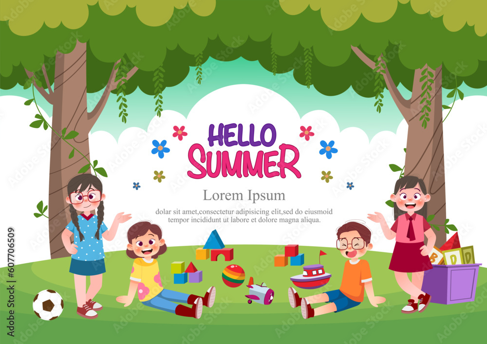 Cute children play outside. template for advertising brochures, ready ...