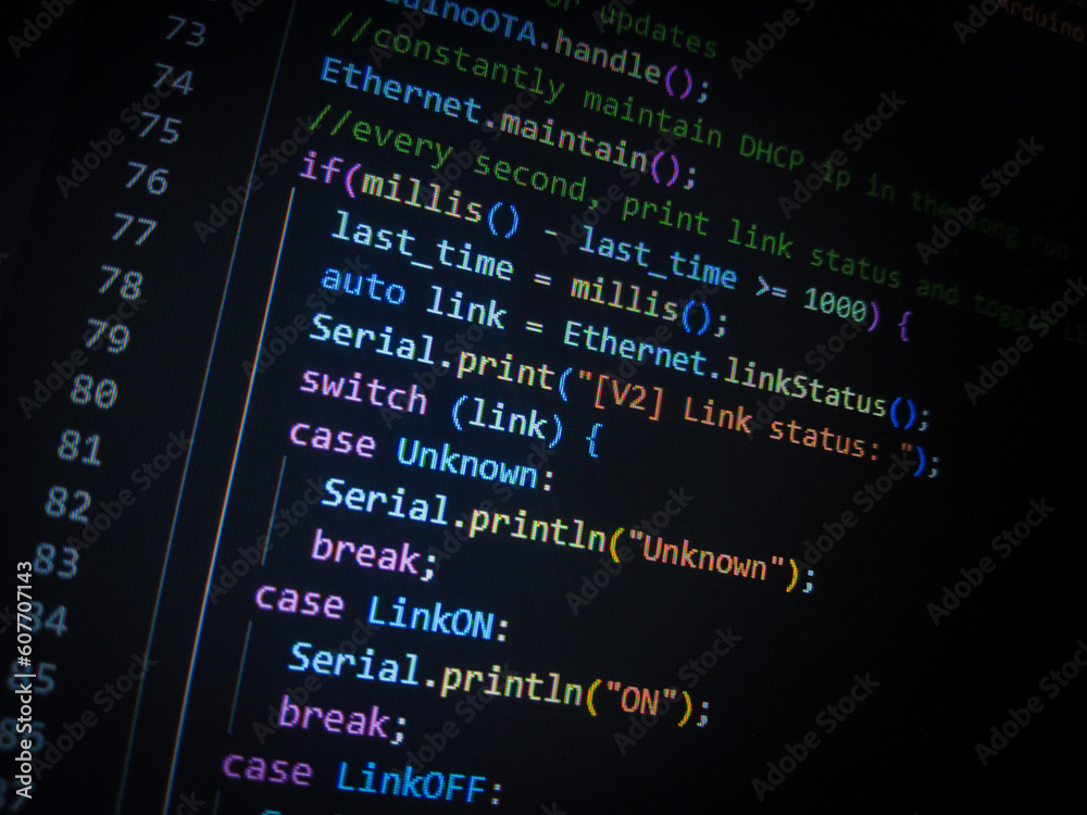 Programming code on a computer screen. Source code photo. Technology ...