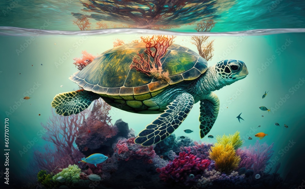 A large turtle with an overgrown shell swims among algae and fish in ...