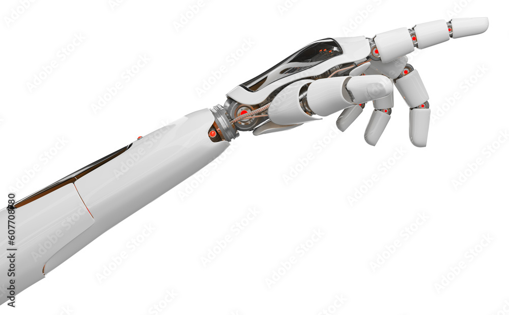 Futuristic cyborg hand pointing finger. 3D rendering white and red ...