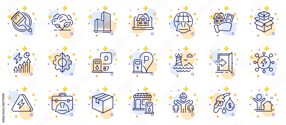 Outline set of Power, Lighthouse and Filling station line icons for web ...