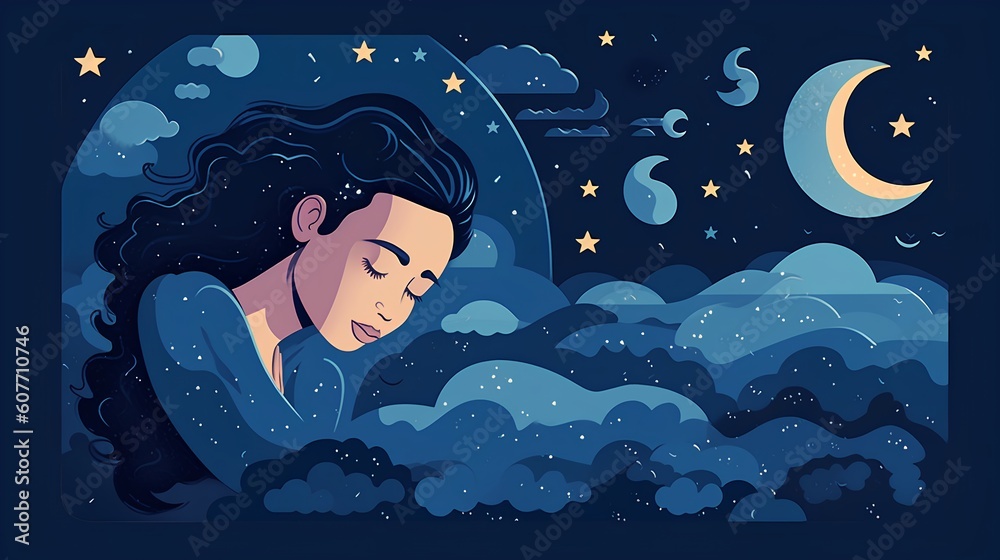 Artistic illustration portraying insomnia concept. A girl is depicted ...