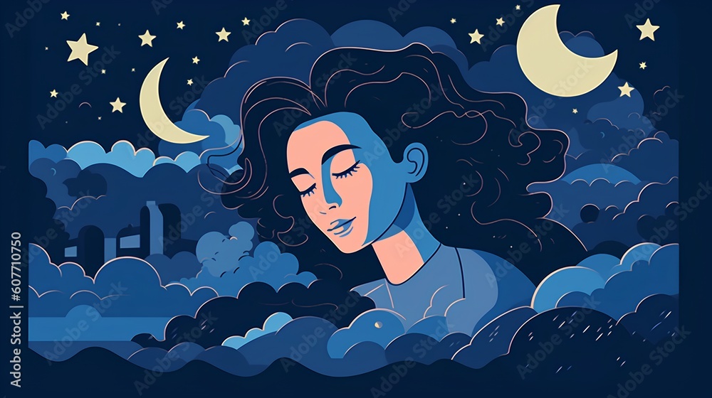 Artistic illustration portraying insomnia concept. A girl is depicted ...