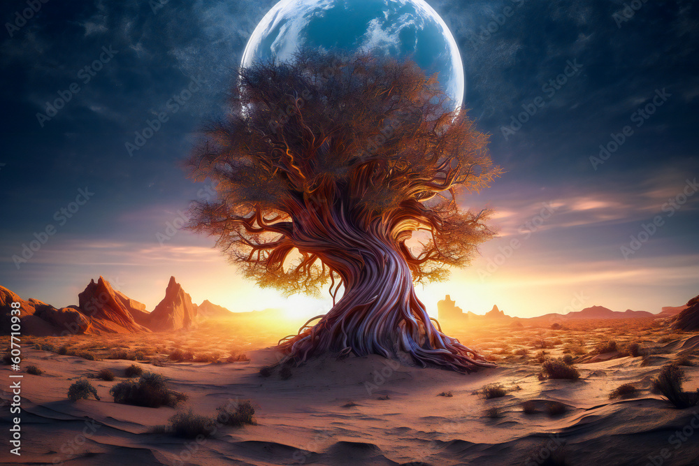 Lone tree growing on a strange alien desert planet. Created with ...