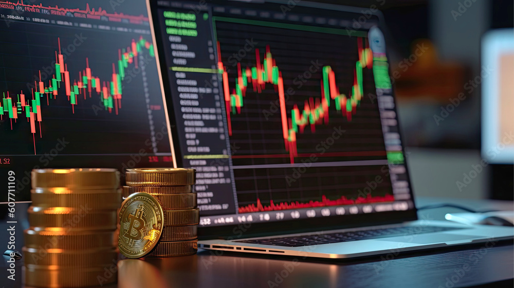 Gold coin with bitcoin symbol on candlestick chart background, dark ...