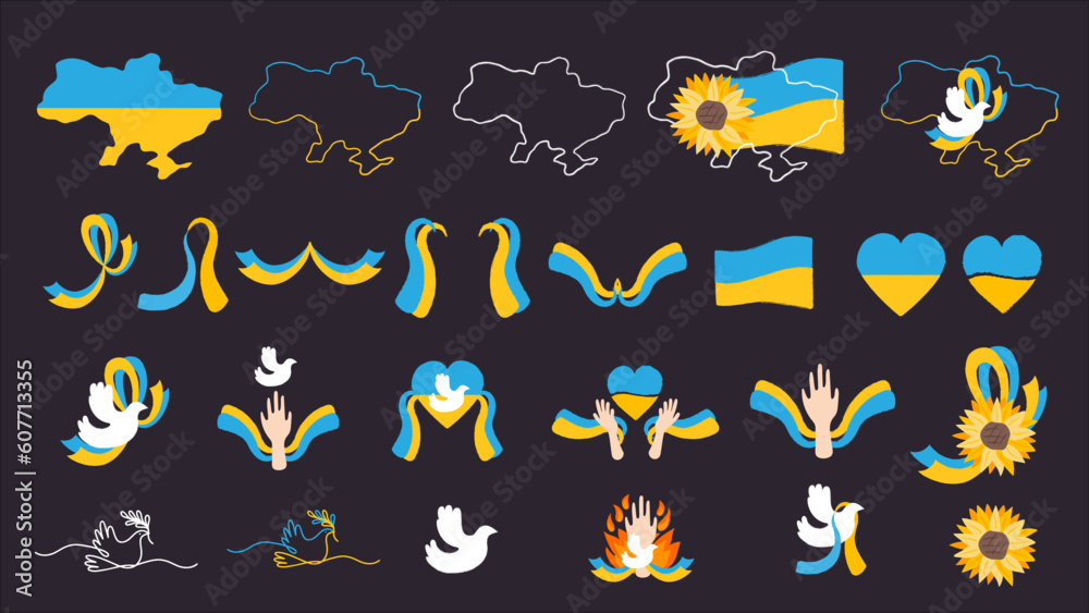 Vetor de Ukraine cliparts: flags, ribbons, peace dove, maps. Support ...
