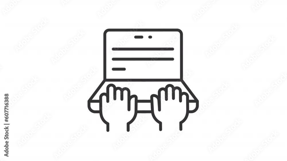 Working on laptop icon animation. Animated line hands typing. Writing ...