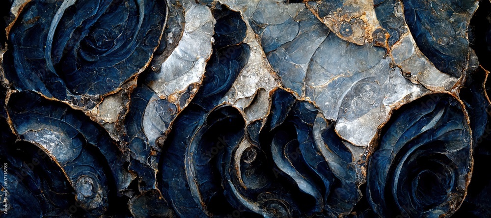 Fossilized ammonite sea shell spirals embedded into dark cobalt blue ...