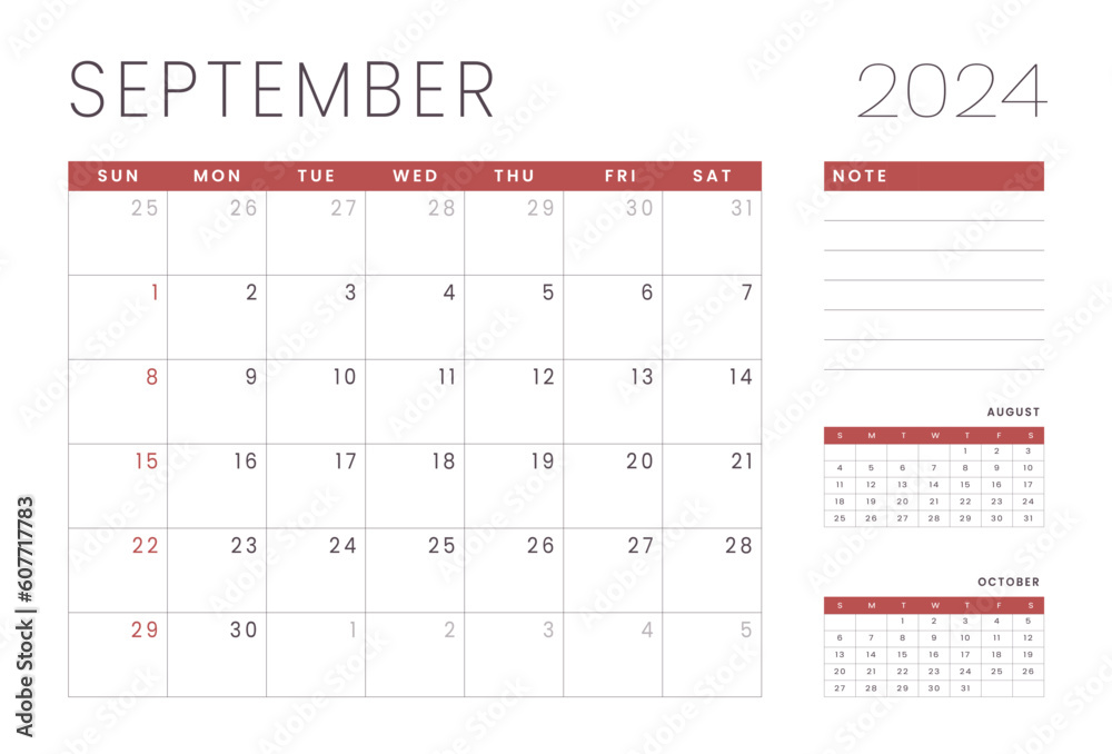 Monthly Calendar Template of september 2024. Vector layout of a wall or ...