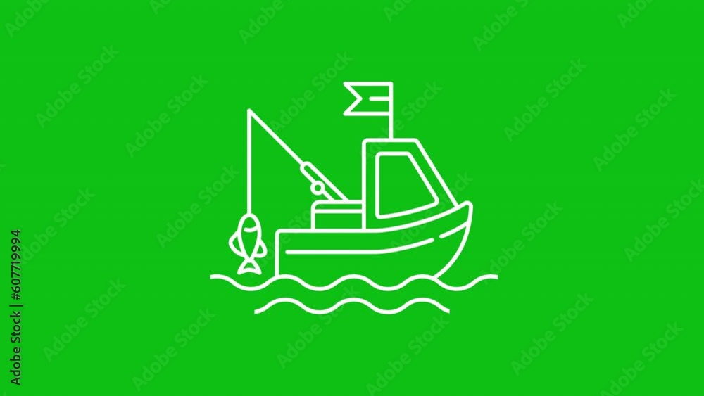 Animated boat fishing white icon. Fishing ship with rod line animation ...