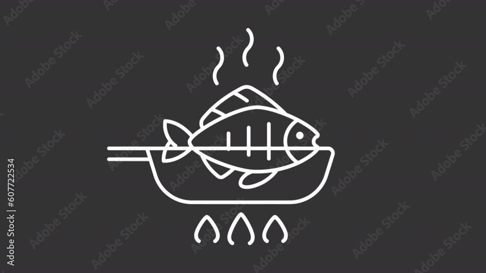Fish food white icon animation. Animated line fish frying in pan. Gas ...
