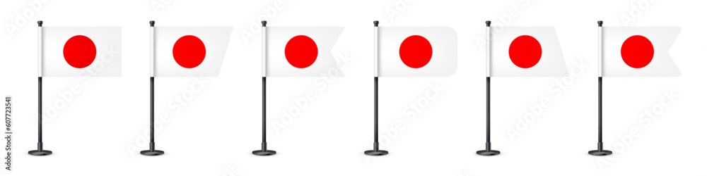 Realistic various Japanese table flags on a black steel pole. Souvenir ...