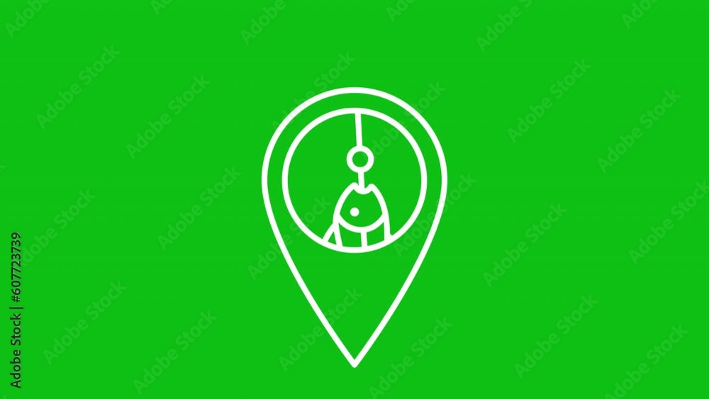 Animated fishing spot white icon. Caught fish inside location sign line ...