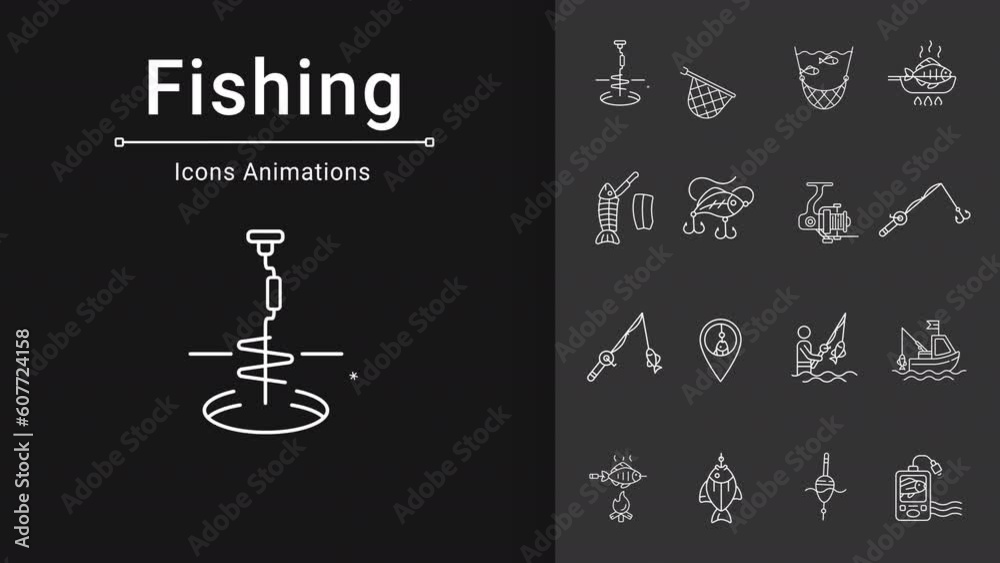 Fishing white icons animation. Animated line catching fish. Aquatic ...