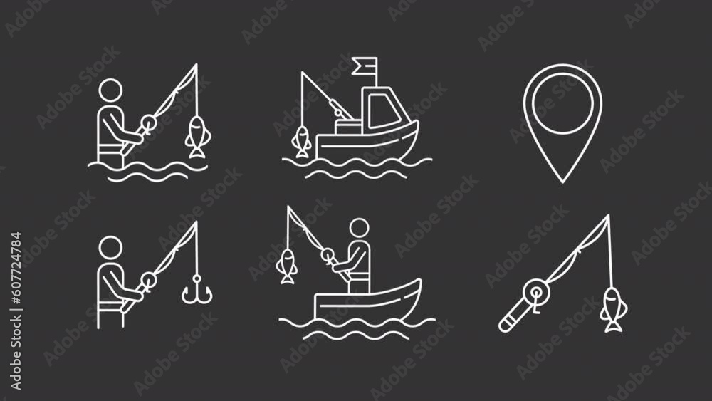 Animated fishing methods white icons. Fish farming line animation ...